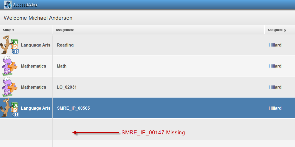 SuccessMaker: Student assignment missing from course selection screen