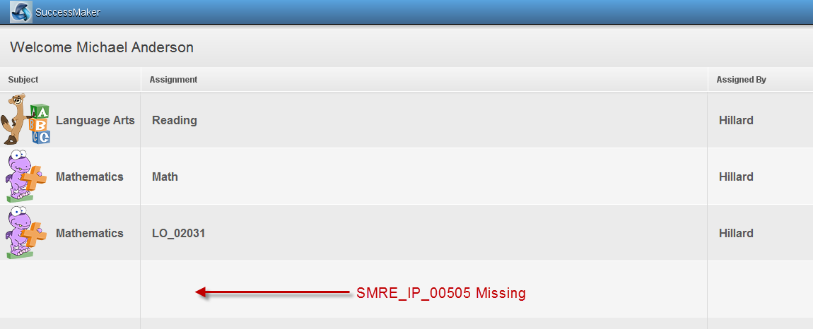 SuccessMaker: Student assignment missing from course selection screen
