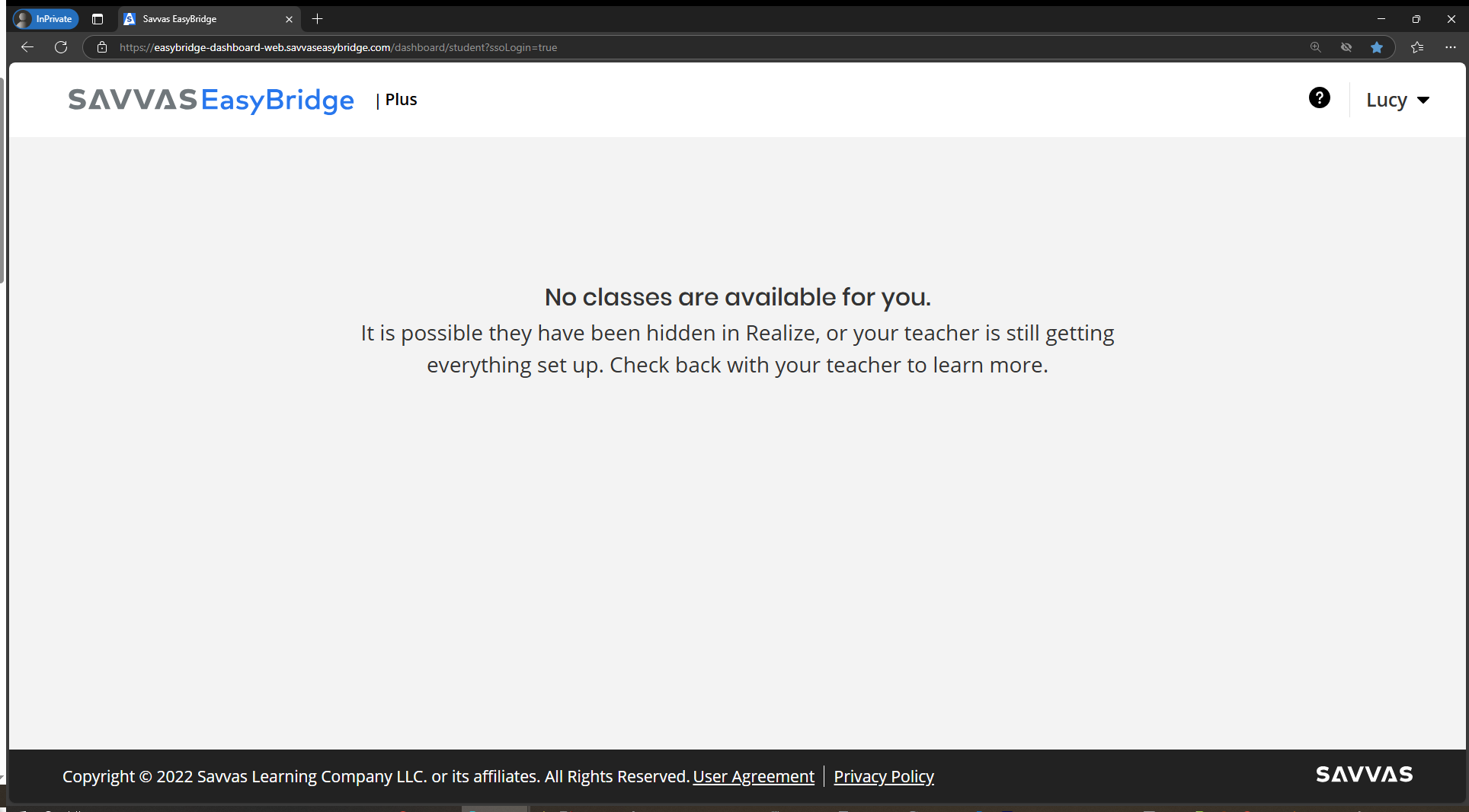 EasyBridge Auto Rostering: Students receive a message when accessing their account, "No classes ...